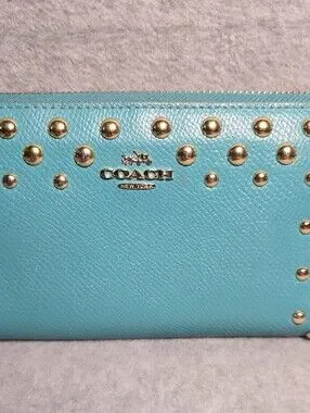 Coach | Bags | Coach Accordion Zip Wallet Cadet Blue With Gold Studs ...
